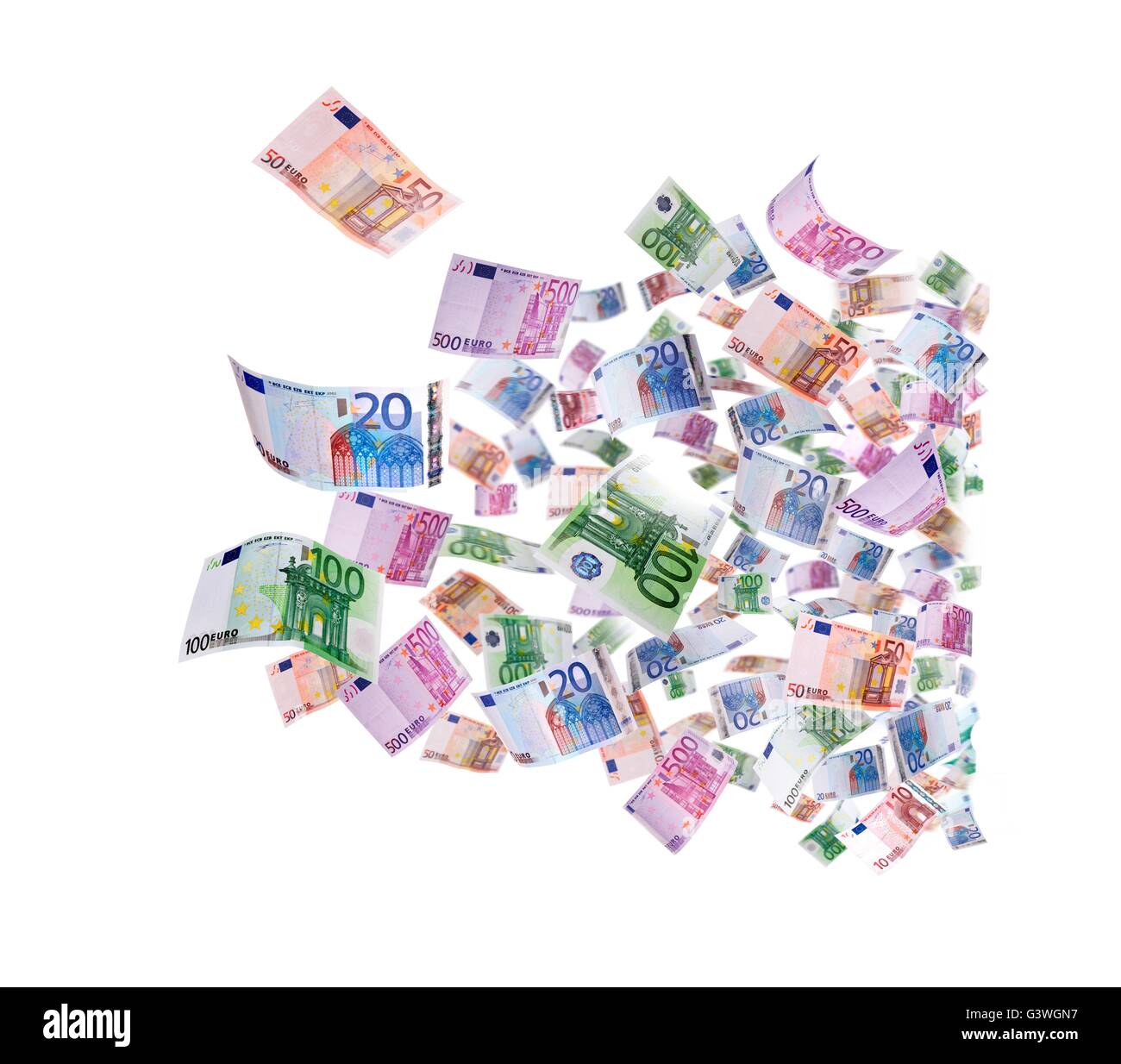 Flying 500 banknotes of euros isolated on white Stock Photo - Alamy