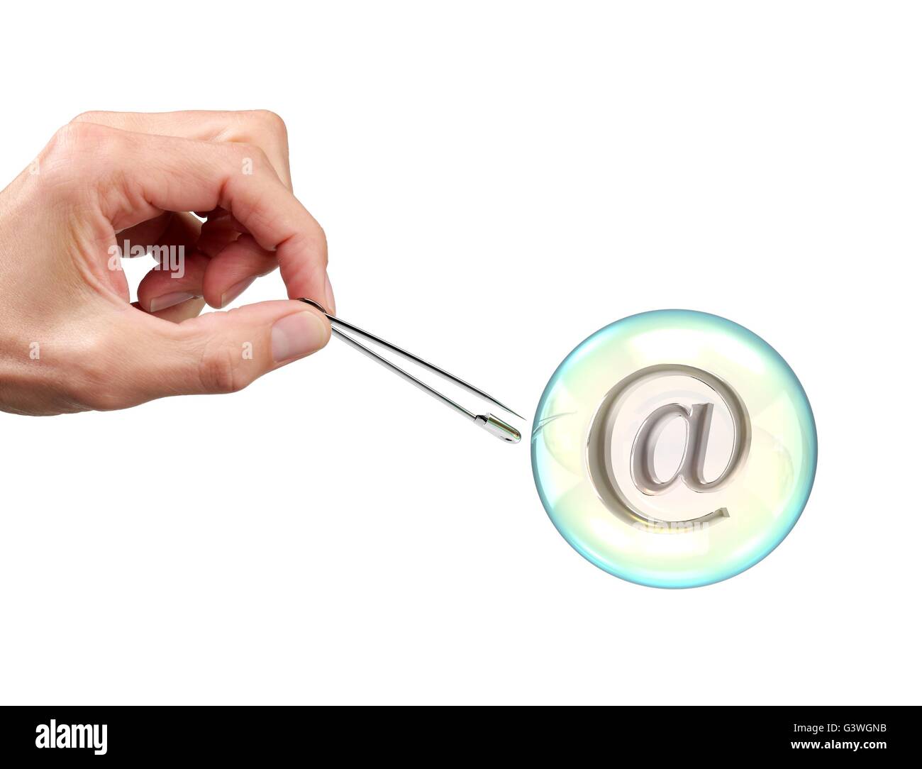 Hand popping bubble with at symbol isolated on white Stock Photo - Alamy