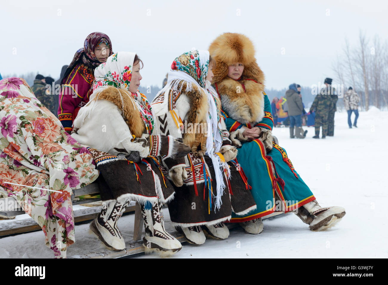 Nenets women in folk costumes at the "Day of the reindeer herders" on ...