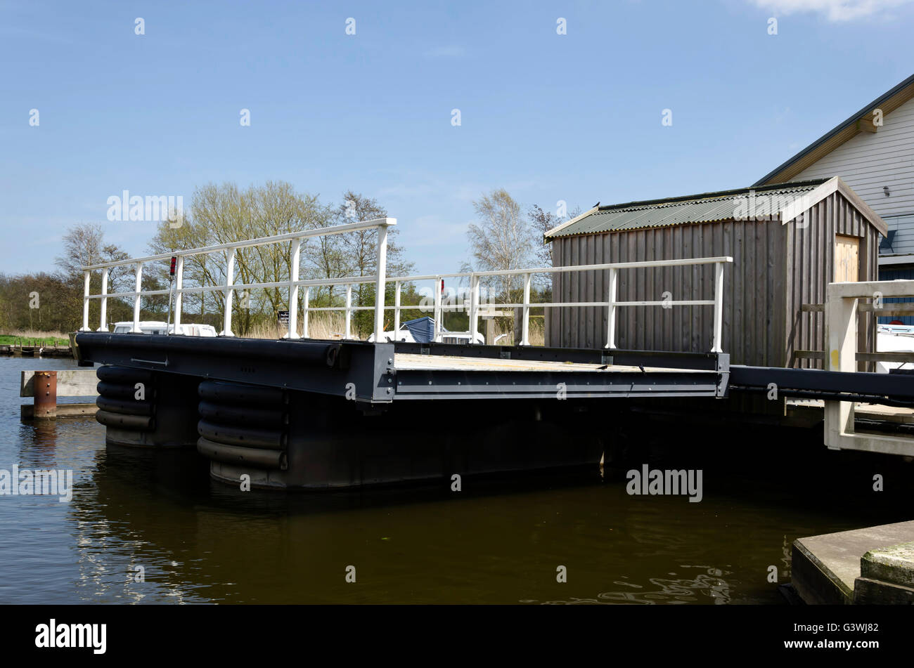 Floating bridge across the River Thurne at Martham Ferry on the Norfolk ...