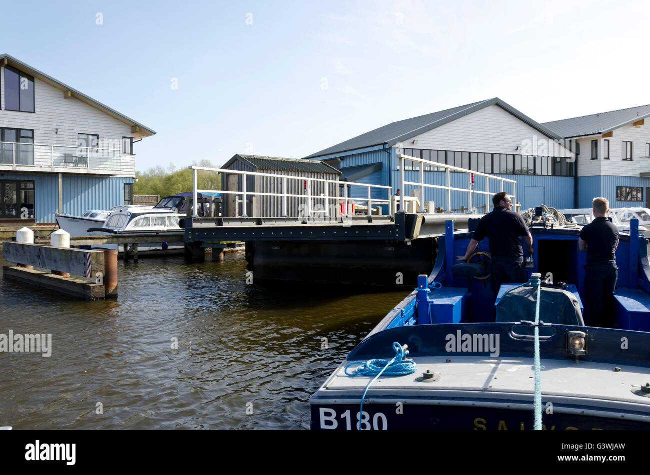 Floating bridge across the River Thurne at Martham Ferry on the Norfolk ...