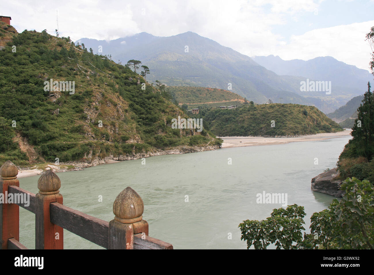 Landscape of river and hills in Wangdue Phodrang (Bhutan Stock Photo ...