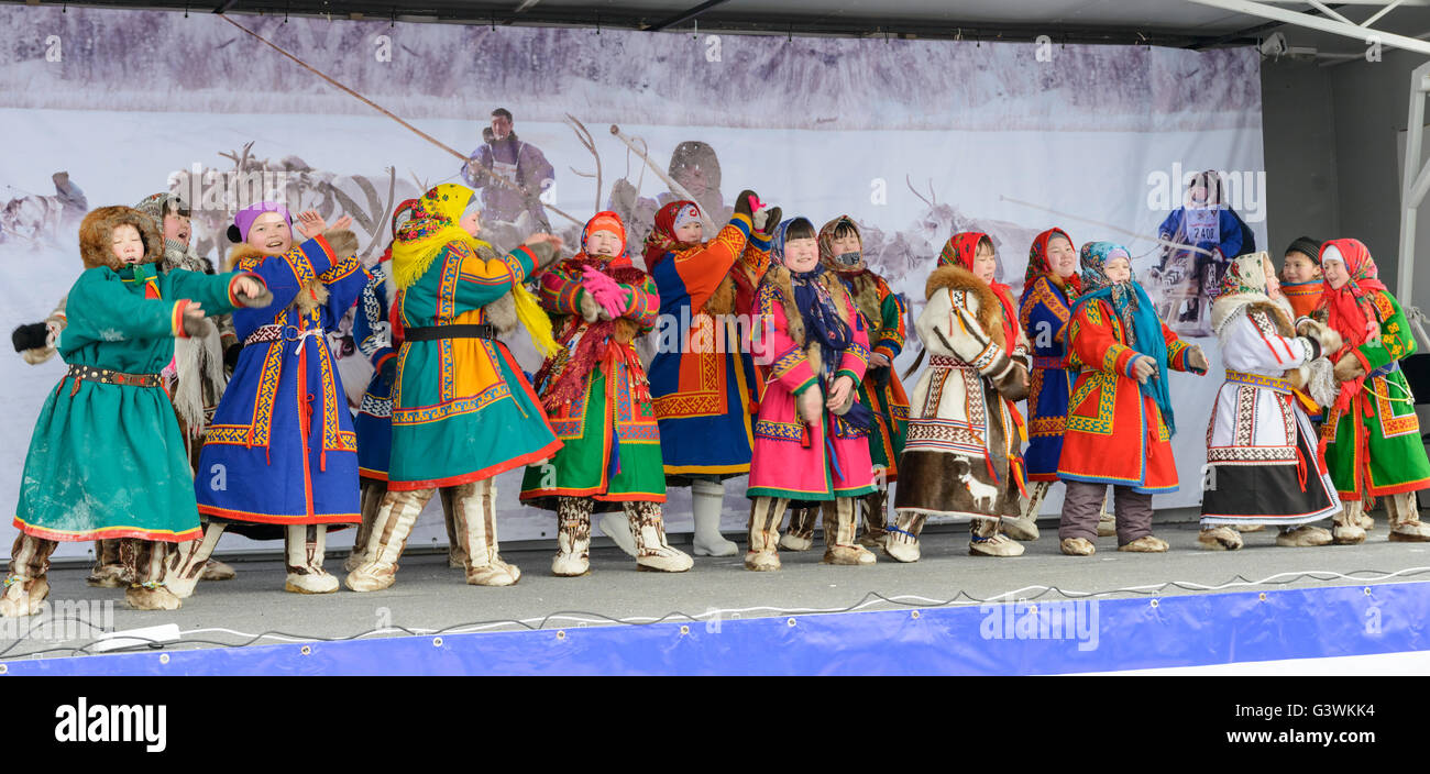 Nenets children sing and dance on the national holiday on the Yamal ...