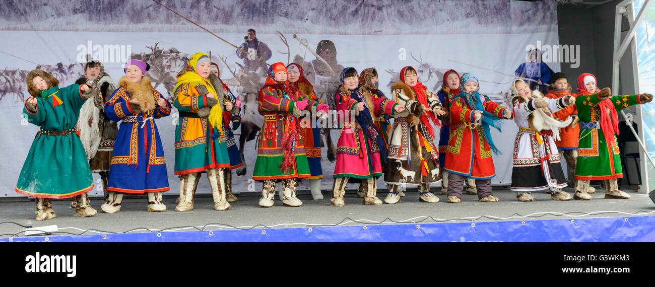 Nenets children sing and dance on the national holiday on the Yamal ...