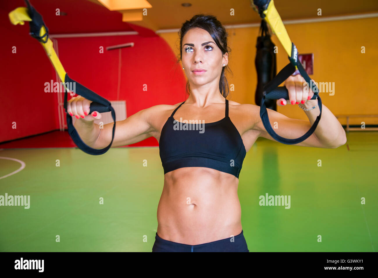 Women doing push ups training arms with trx fitness straps in the gym ...