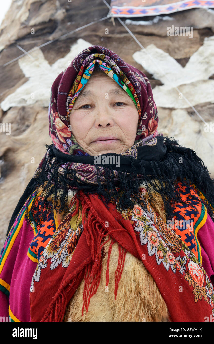 Portrait Nenets woman on a holiday "Day of the reindeer herders" on ...