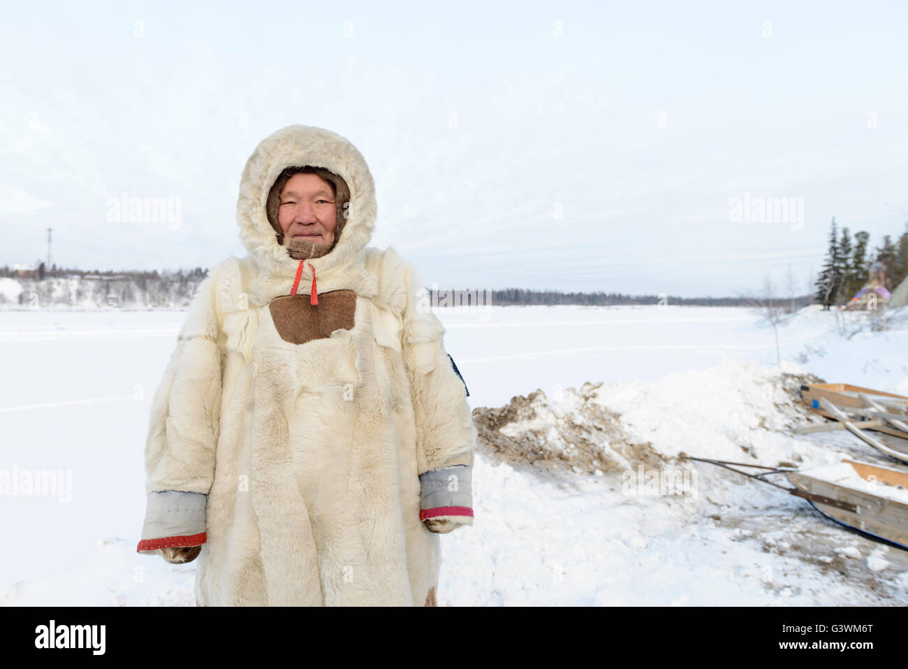 portrait of elderly Nenets in national clothes, malitsa. The Yamal ...