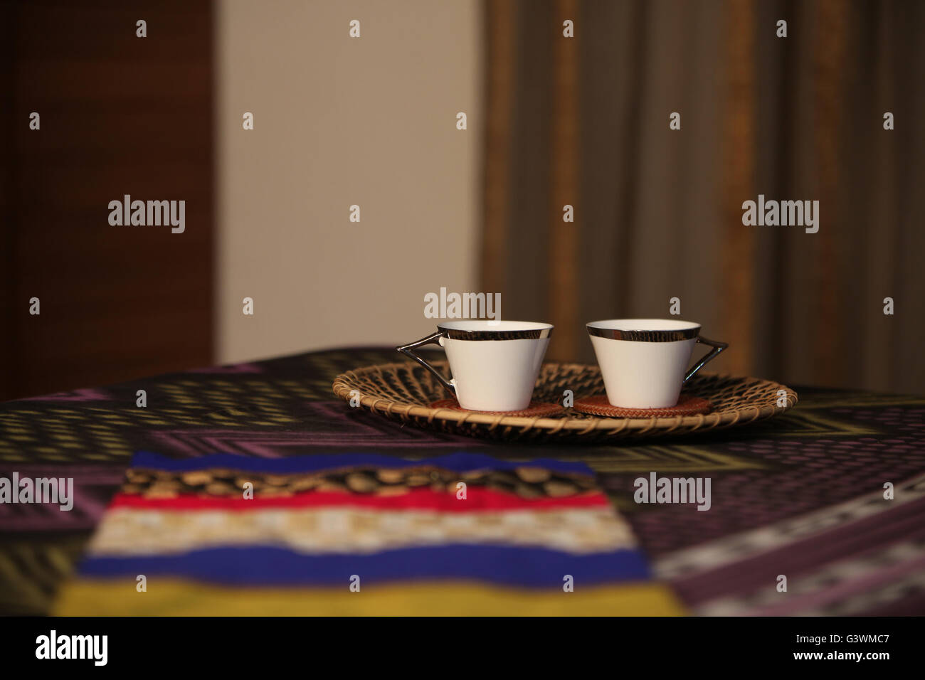 Bedside tea served in two cups in a tray, on a bed in a bedroom Stock ...