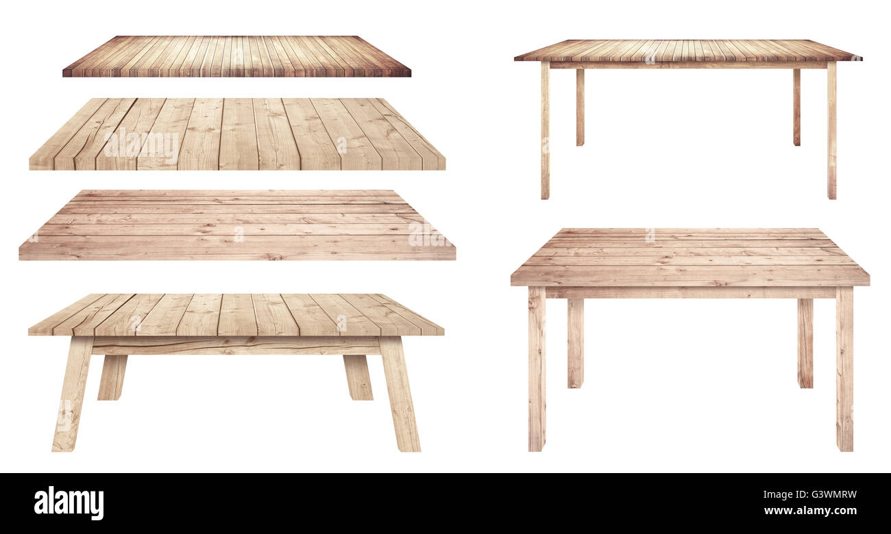 Brown and different style wooden tables are isolated on white ...