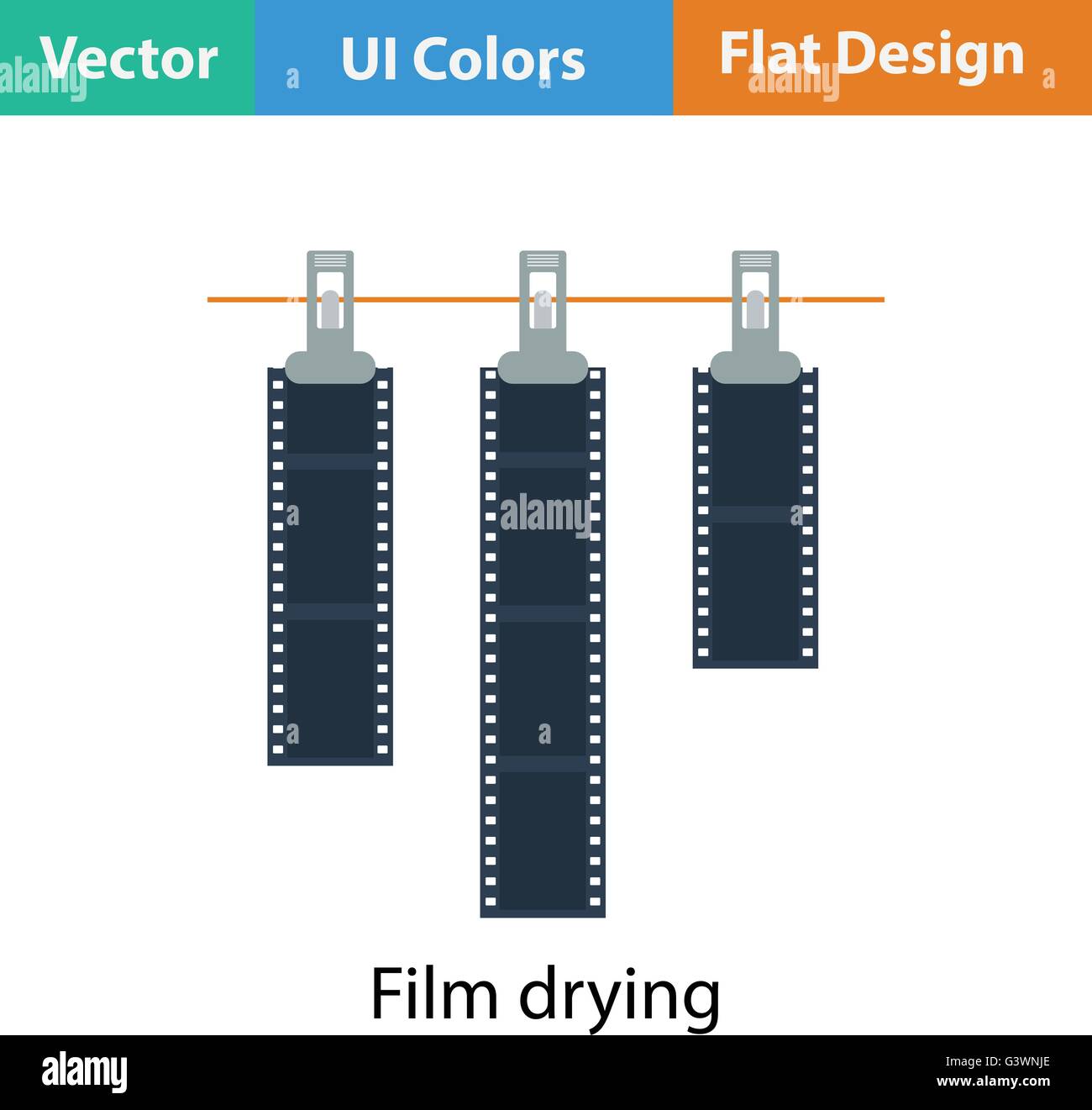 Icon of photo film drying on rope with clothespin. Flat color design ...