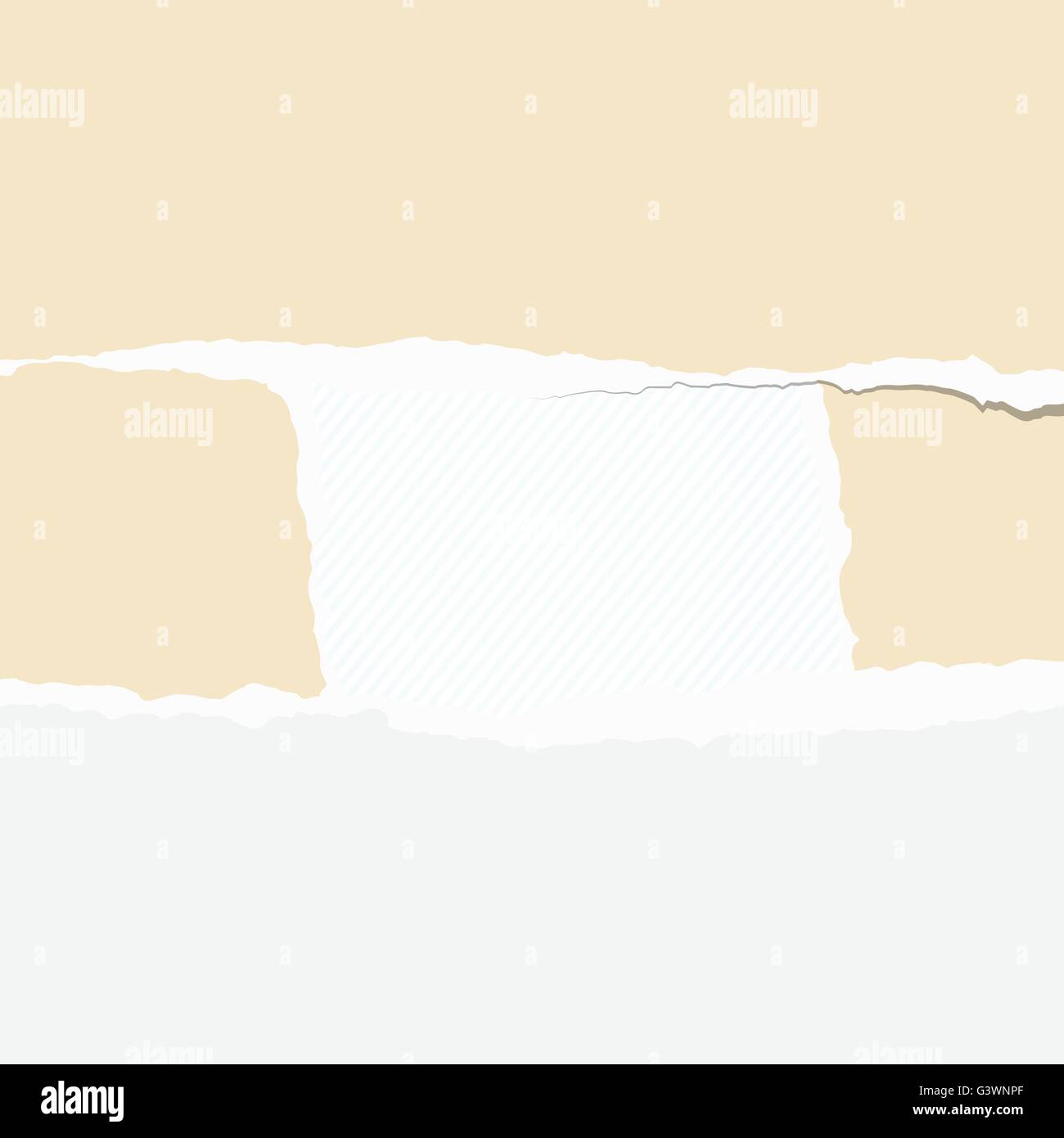 Torn white, brown paper pieces are stuck on lined diagonal background ...