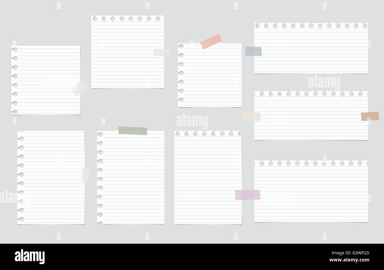 Pieces of cut out white notebook paper are stuck on gray striped ...