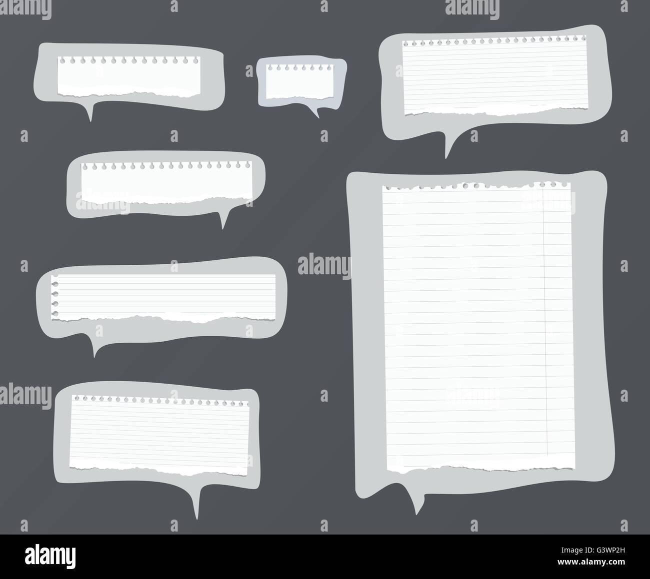 Pieces of ripped white ruled notebook paper are on gray speech bubbles ...