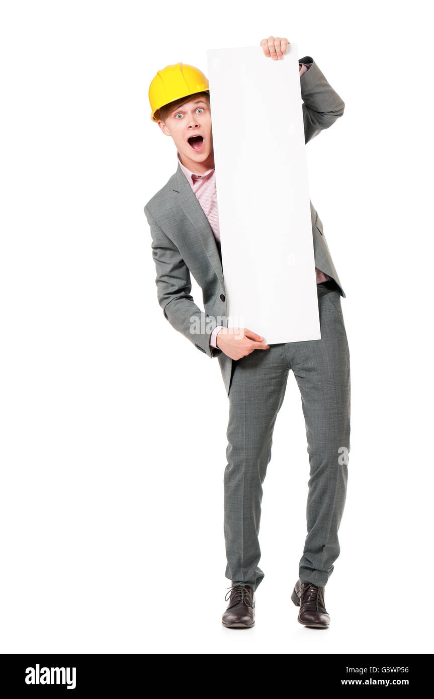 Worker presenting blank board Stock Photo - Alamy