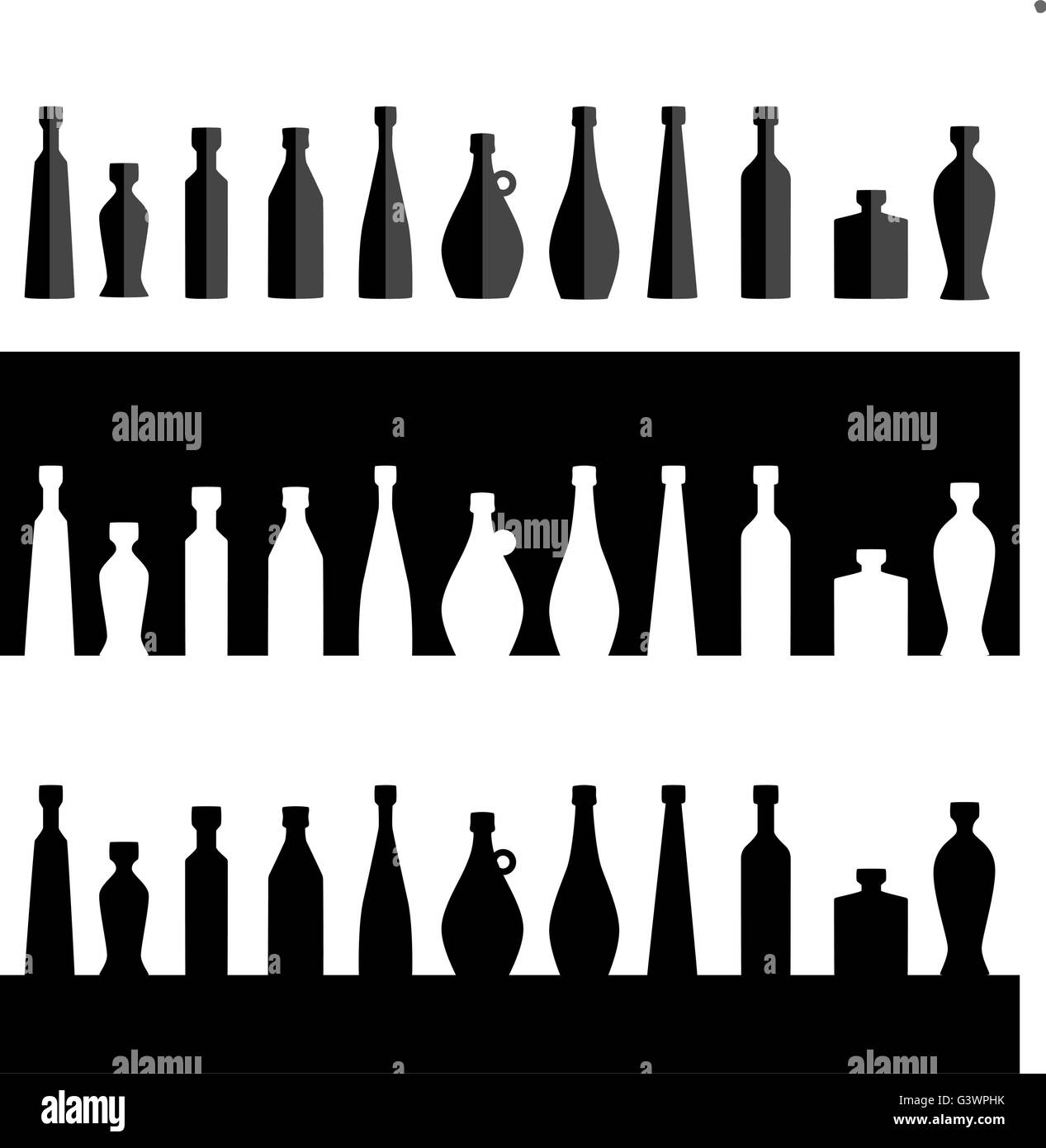 Vector. Bottle row silhouette. Set of bottles. Flat design. Isolated illustration. Range of ...