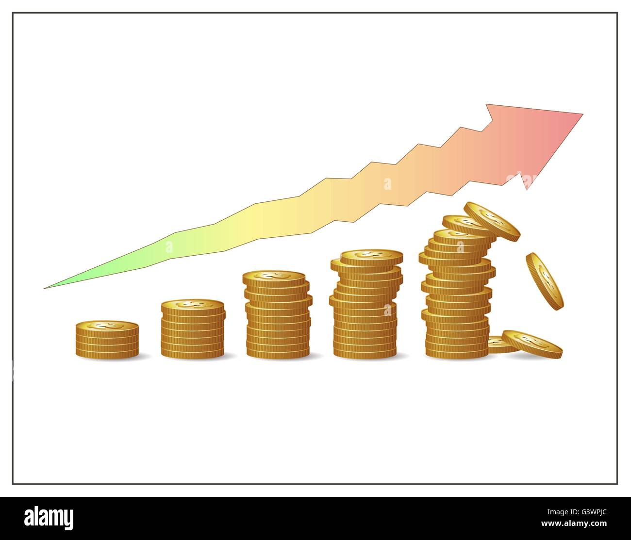 Golden coins increasing pillars and an arrow showing financial growth's ...