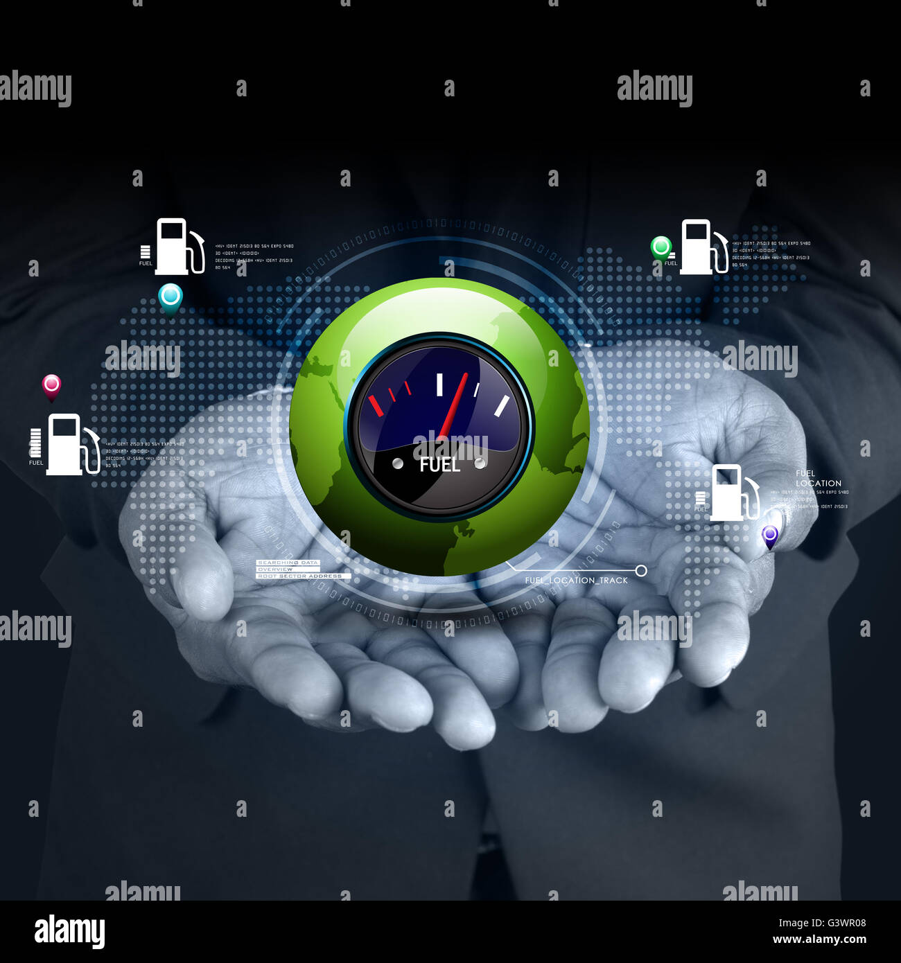Man showing fuel meter in color background Stock Photo - Alamy