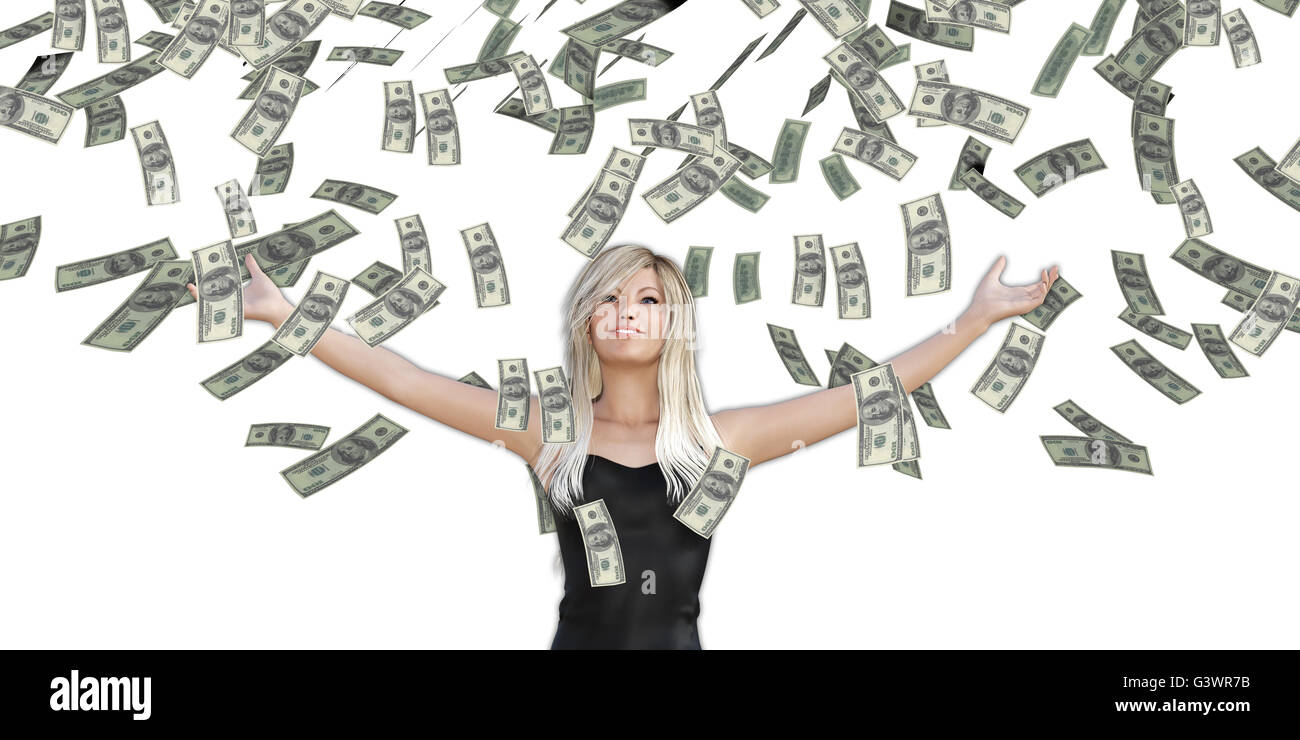 Woman Catching Money Falling From the Sky in US Dollars Stock Photo - Alamy
