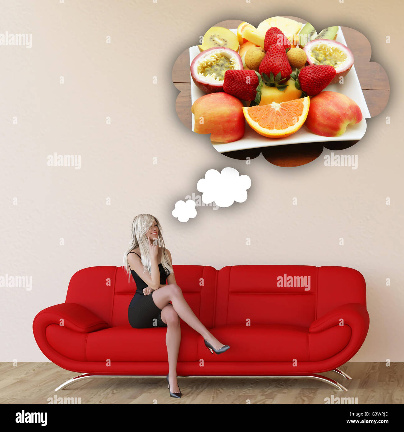 Woman Craving Fruits and Thinking About Eating Food Stock Photo - Alamy
