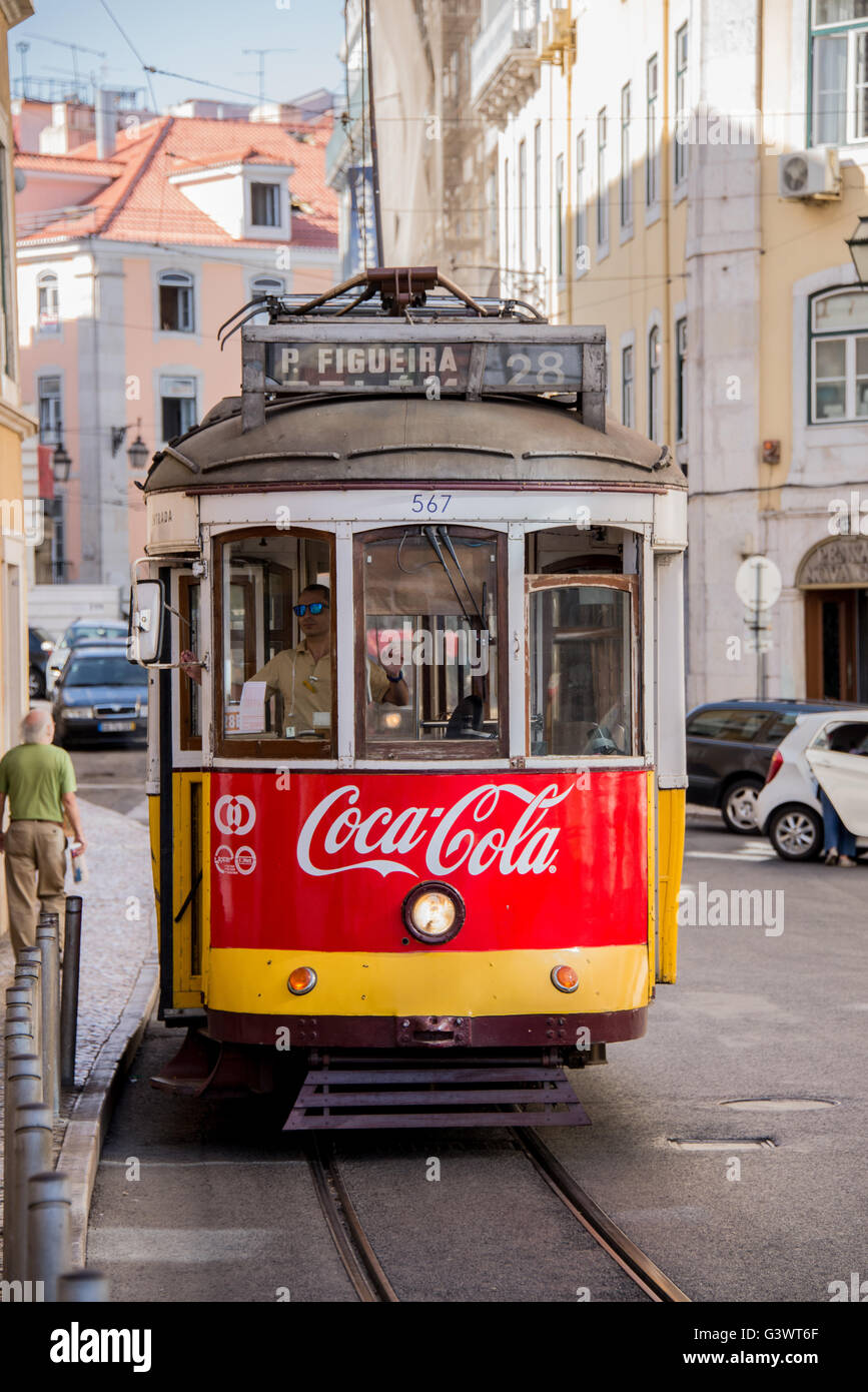 Europe, Portugal, Lisbon, Alfama, public yellow trolley car Remodelado ...