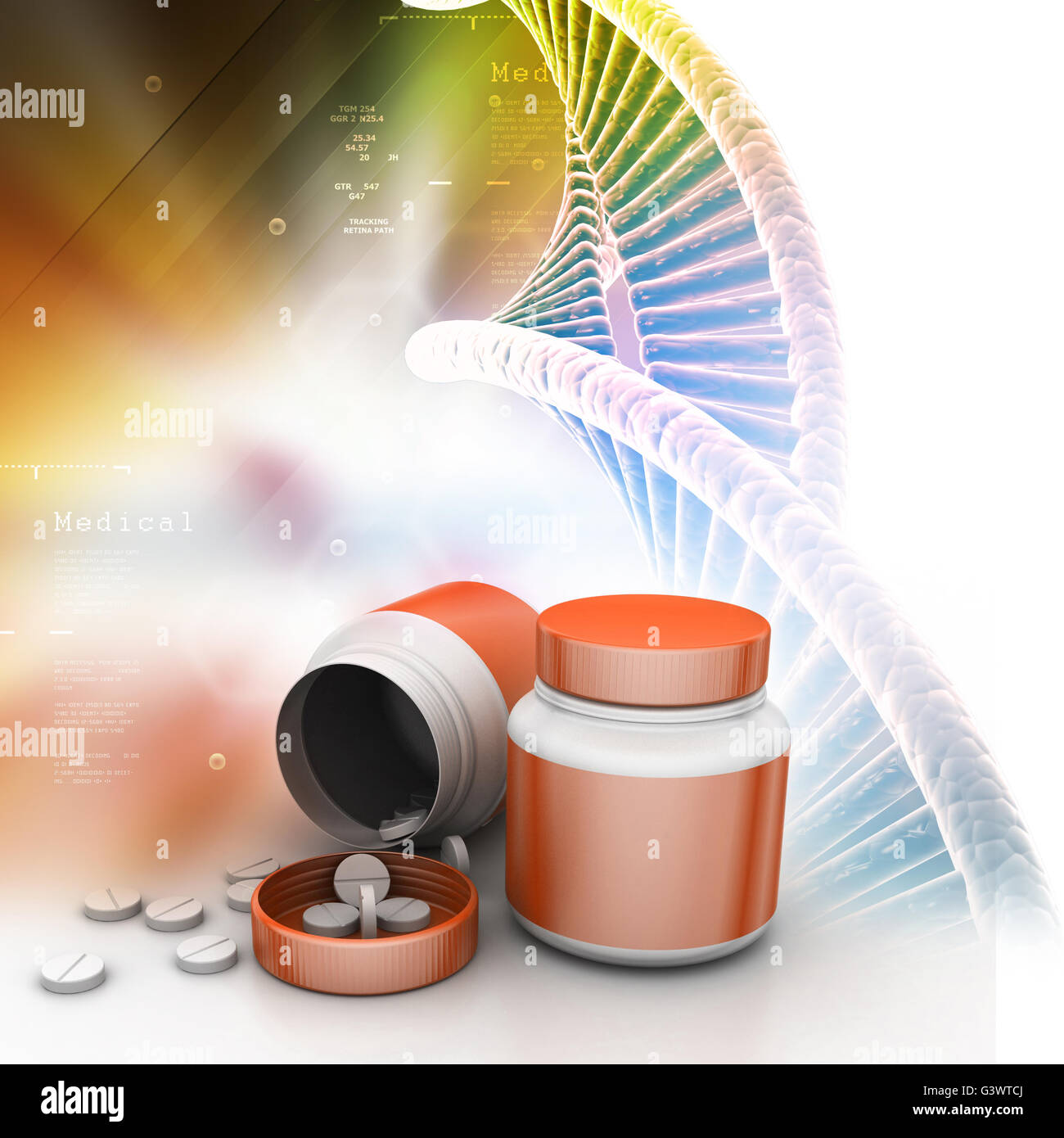 Medicine and bottle with dna in color back ground Stock Photo - Alamy