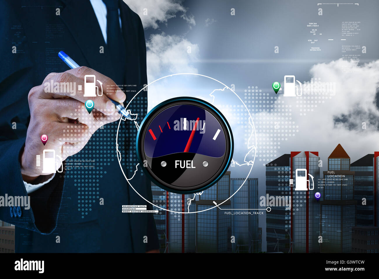 Man showing fuel meter in color background Stock Photo - Alamy