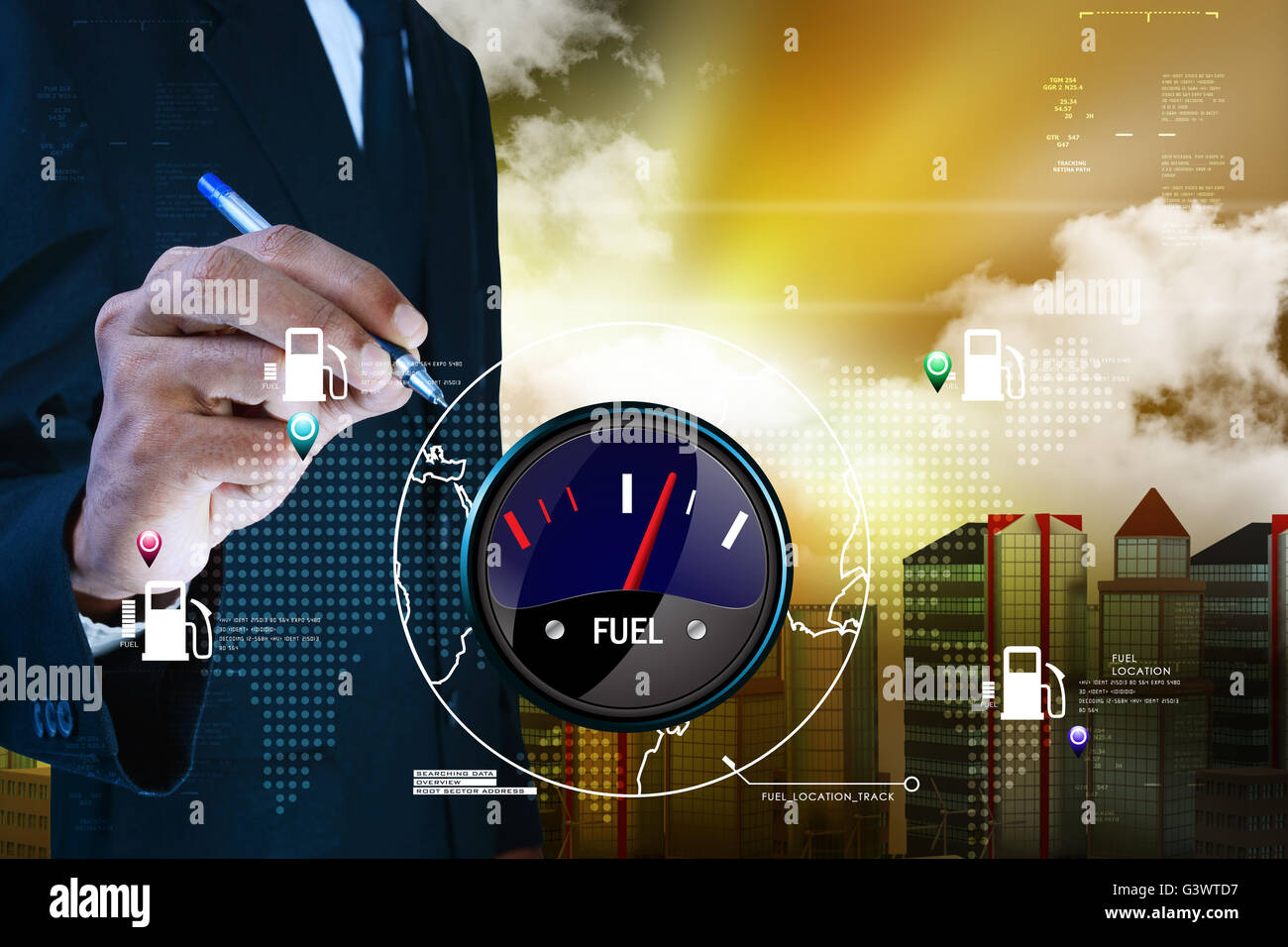 Man showing fuel meter in color background Stock Photo - Alamy