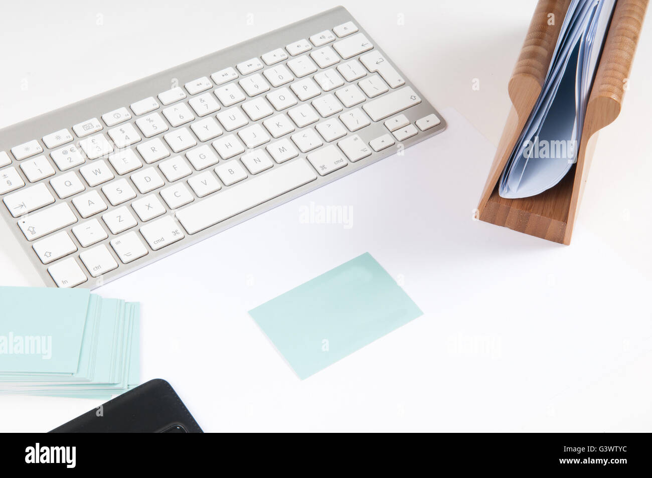 Business desk template with keyboard and blank business cards for small ...