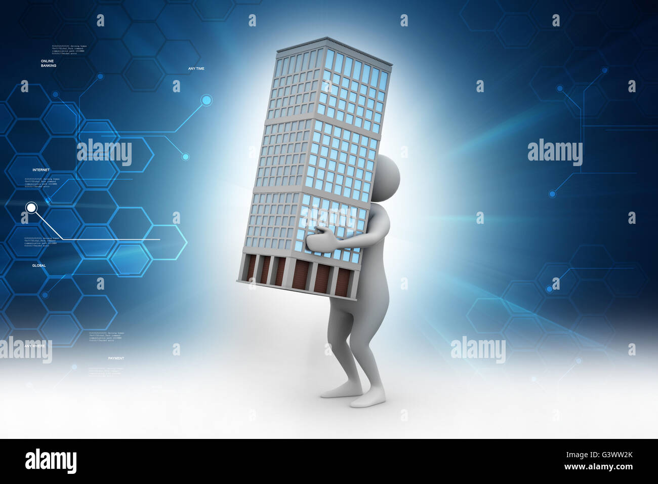 3d man holding a building in color background Stock Photo - Alamy