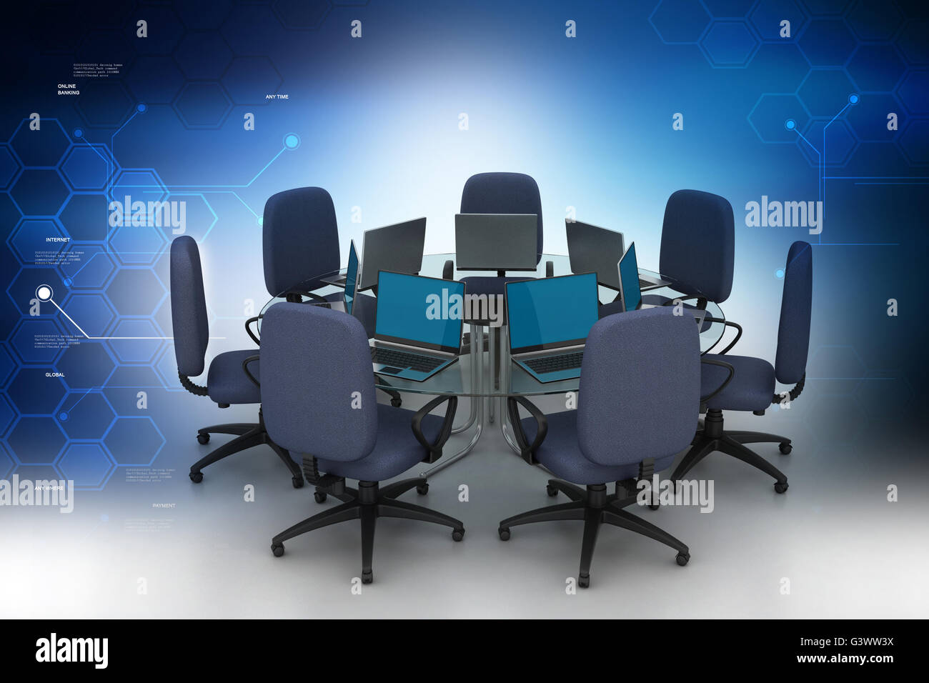 Conference table with laptops in color background Stock Photo - Alamy