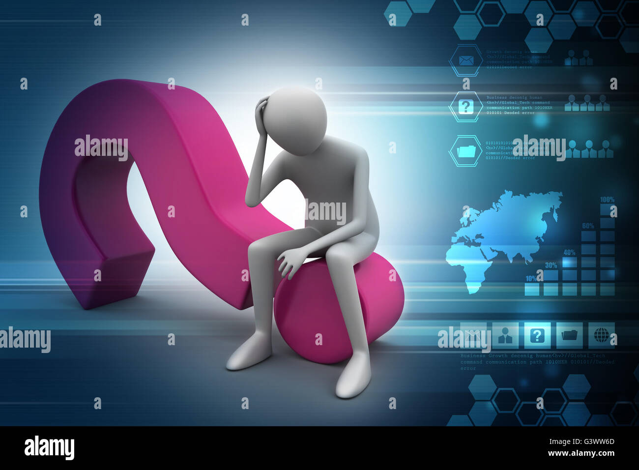 Business man sitting on a question mark in color background Stock Photo ...