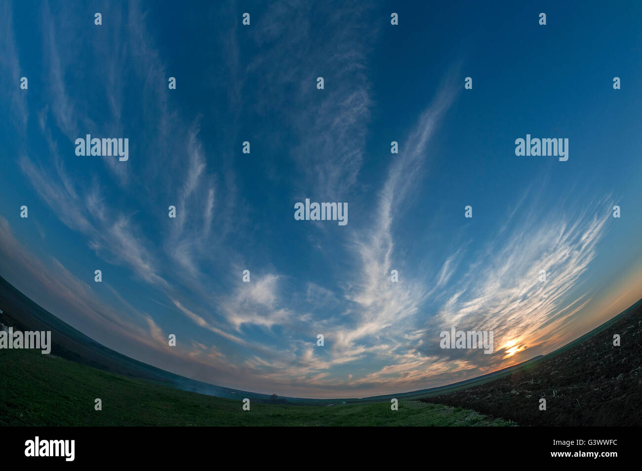 Fisheye view of an field. Countryside. Sunset Stock Photo - Alamy