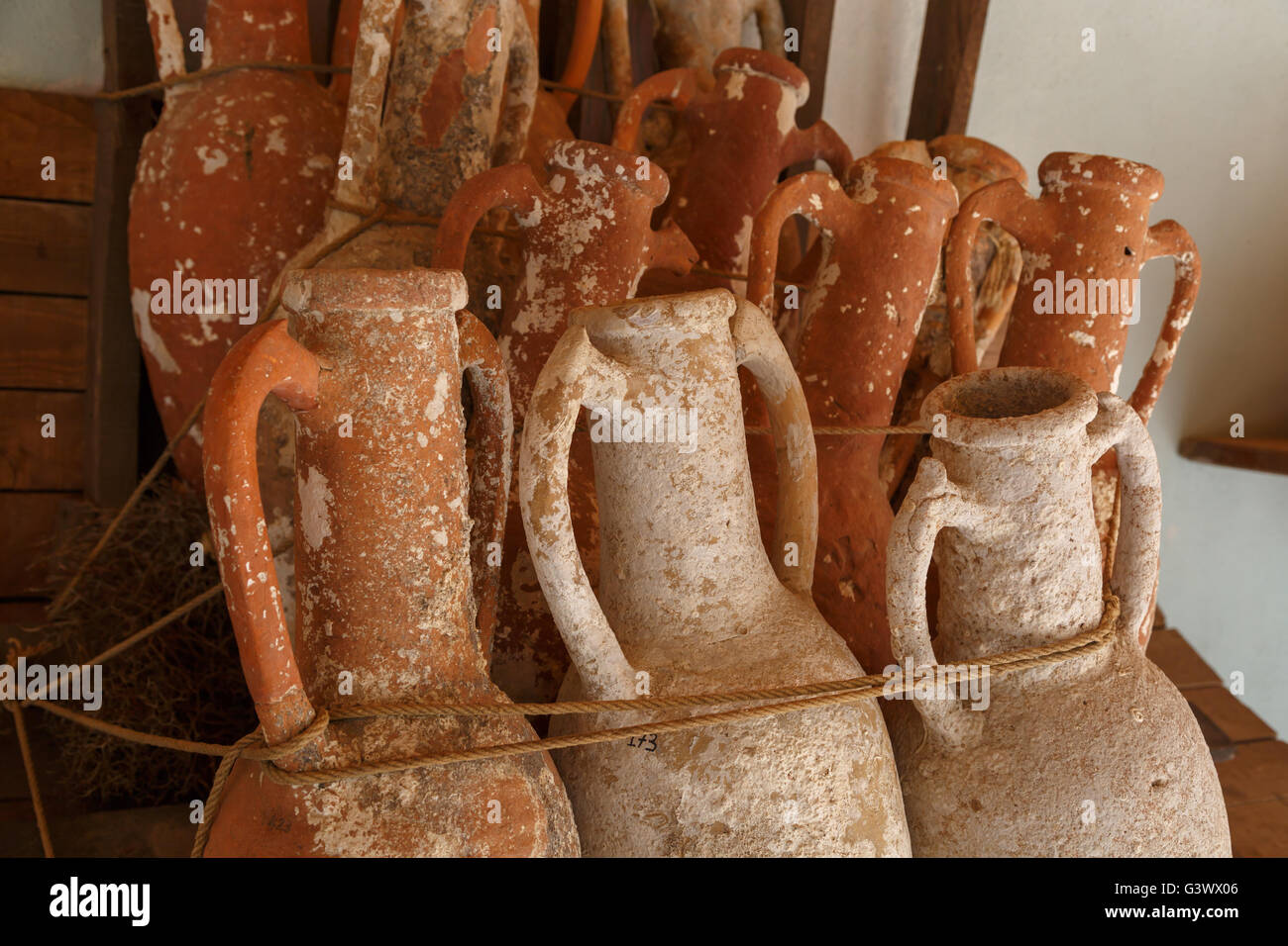 Close up detailed view of historical clay amphora used in old times ...