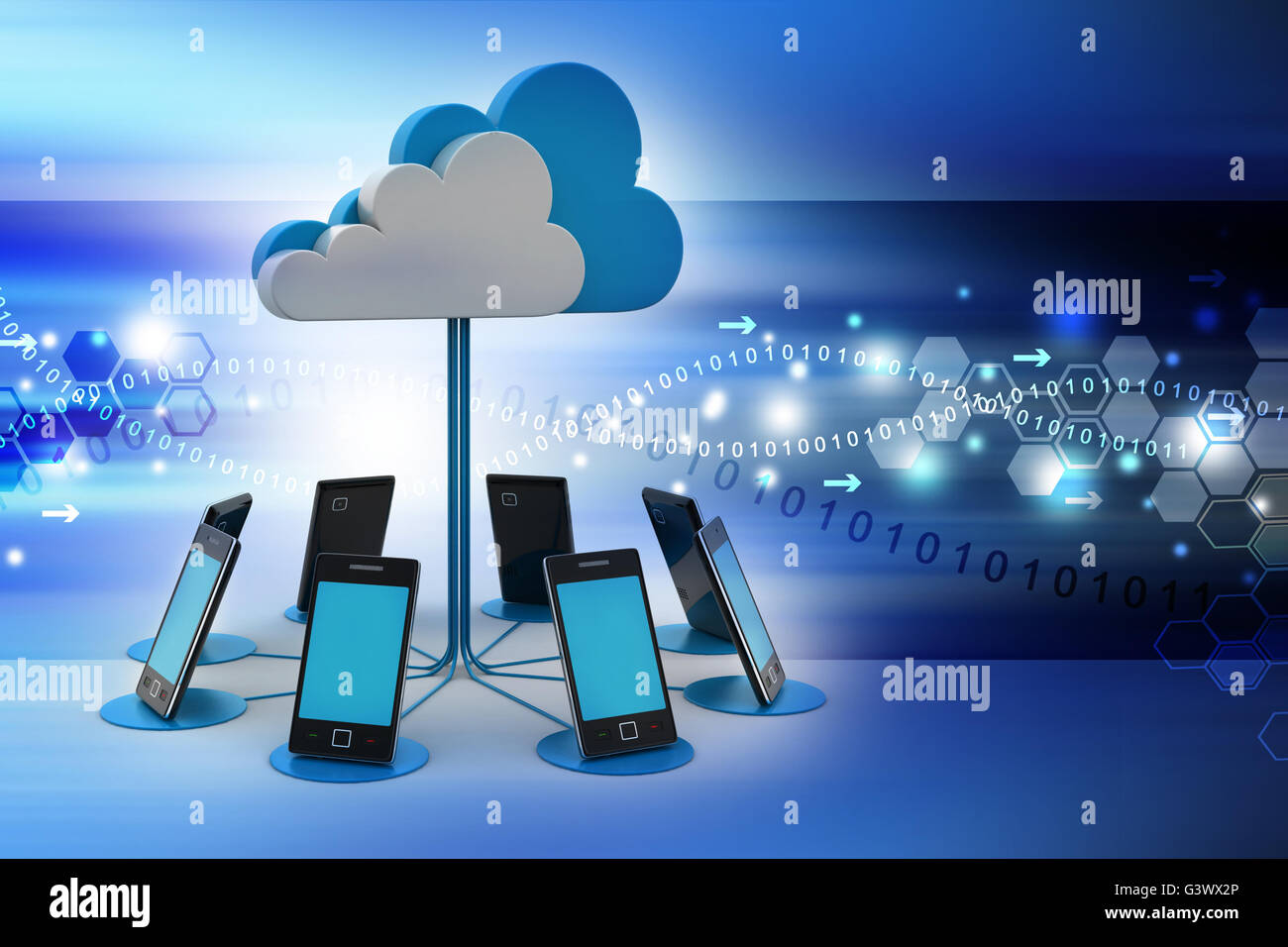 Smart phones network with cloud computing in color background Stock ...