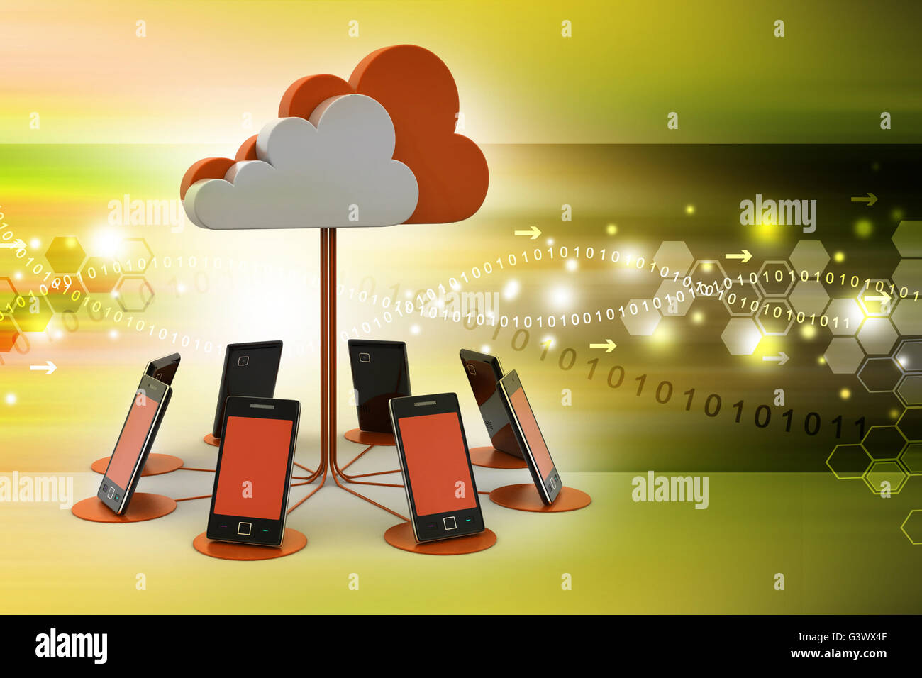 Smart phones network with cloud computing in color background Stock ...