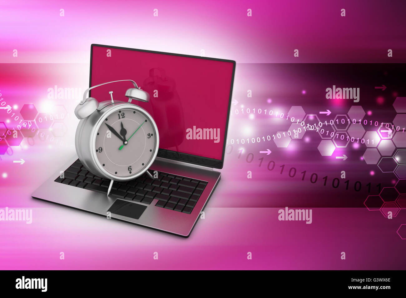 Laptop computer with alarm clock in color background Stock Photo - Alamy