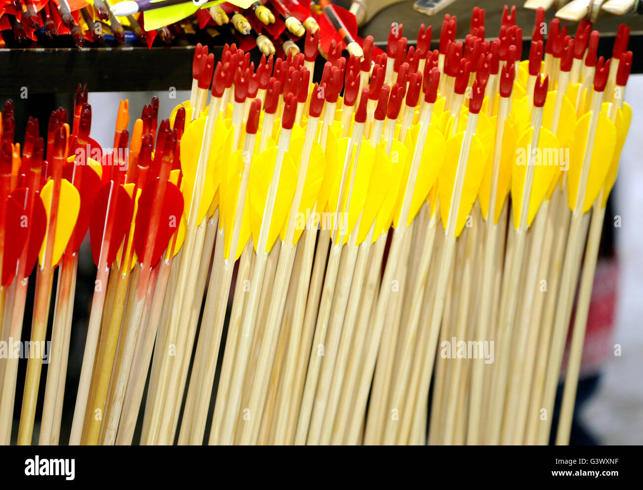 End of sport archery arrows in row Stock Photo - Alamy