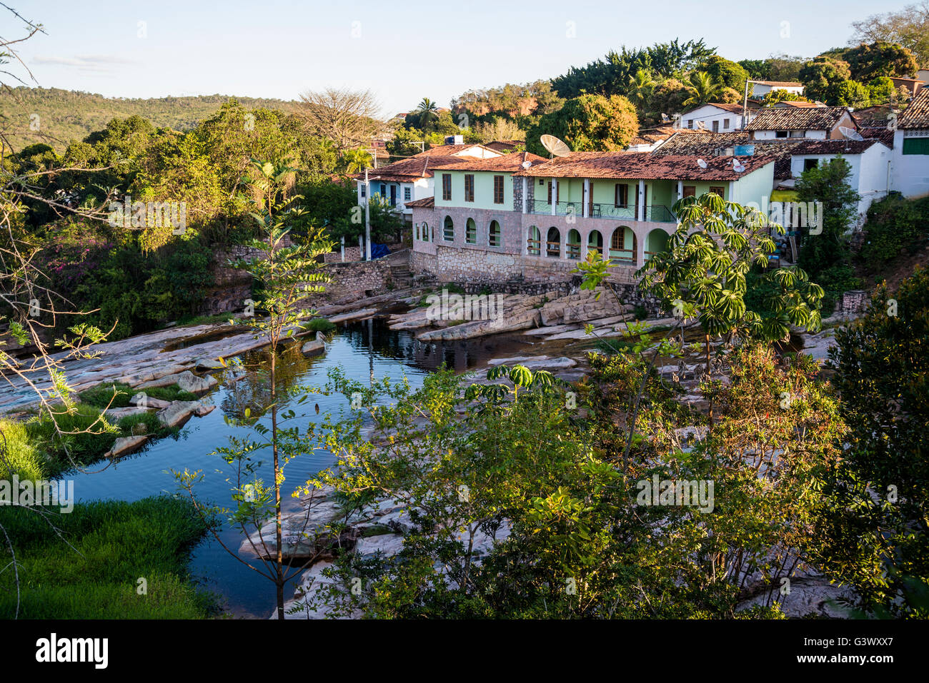 Houses overlooking the river, Lençóis, Chapada Diamantina, Bahia ...