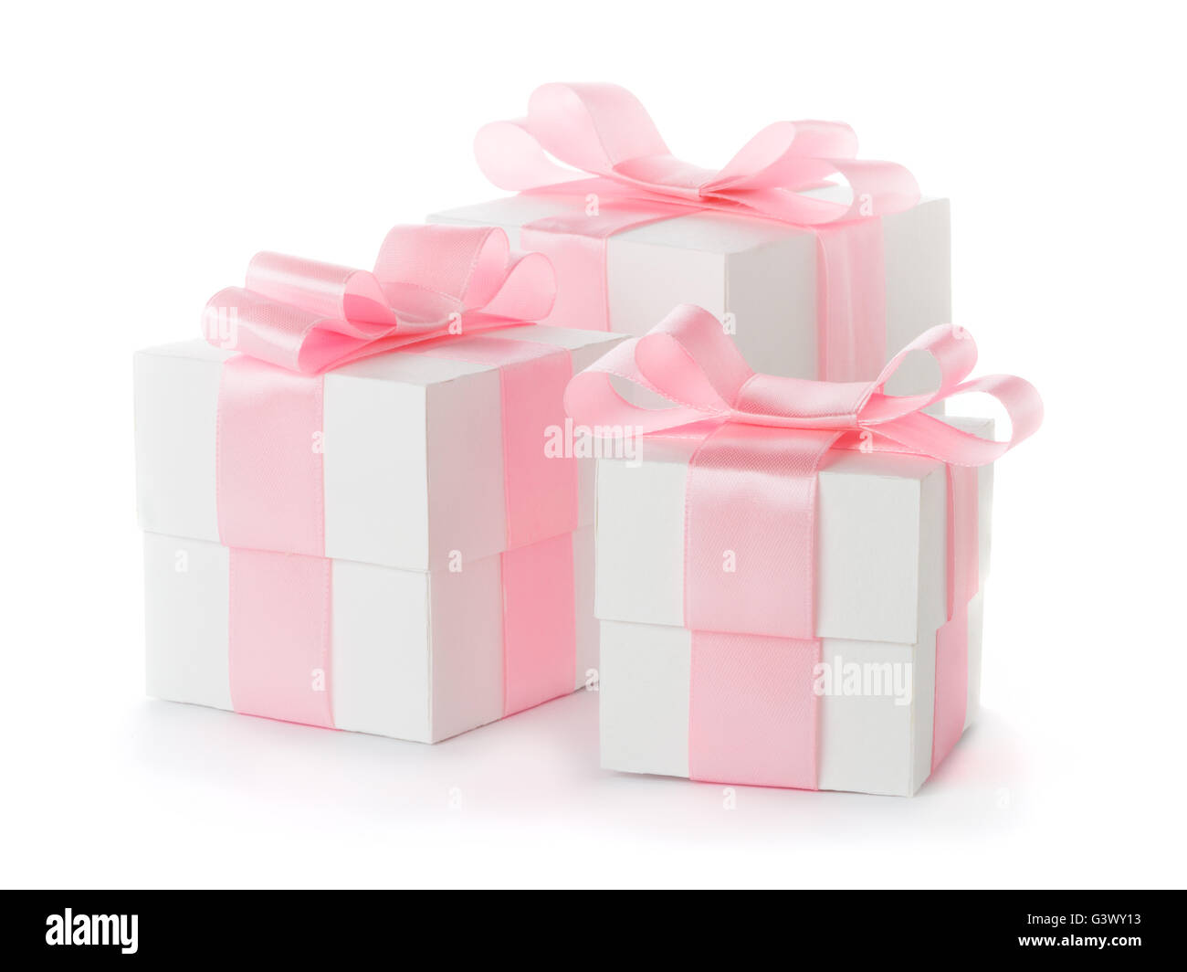 Gift white box with pink satin ribbon isolated on white background ...