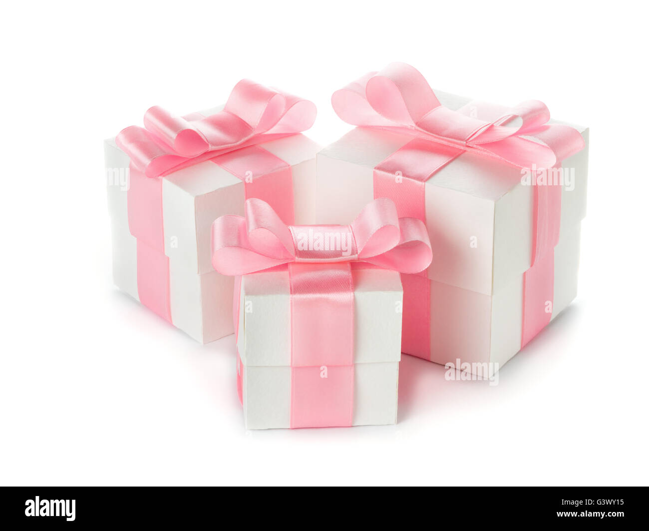 Gift white box with pink satin ribbon isolated on white background ...