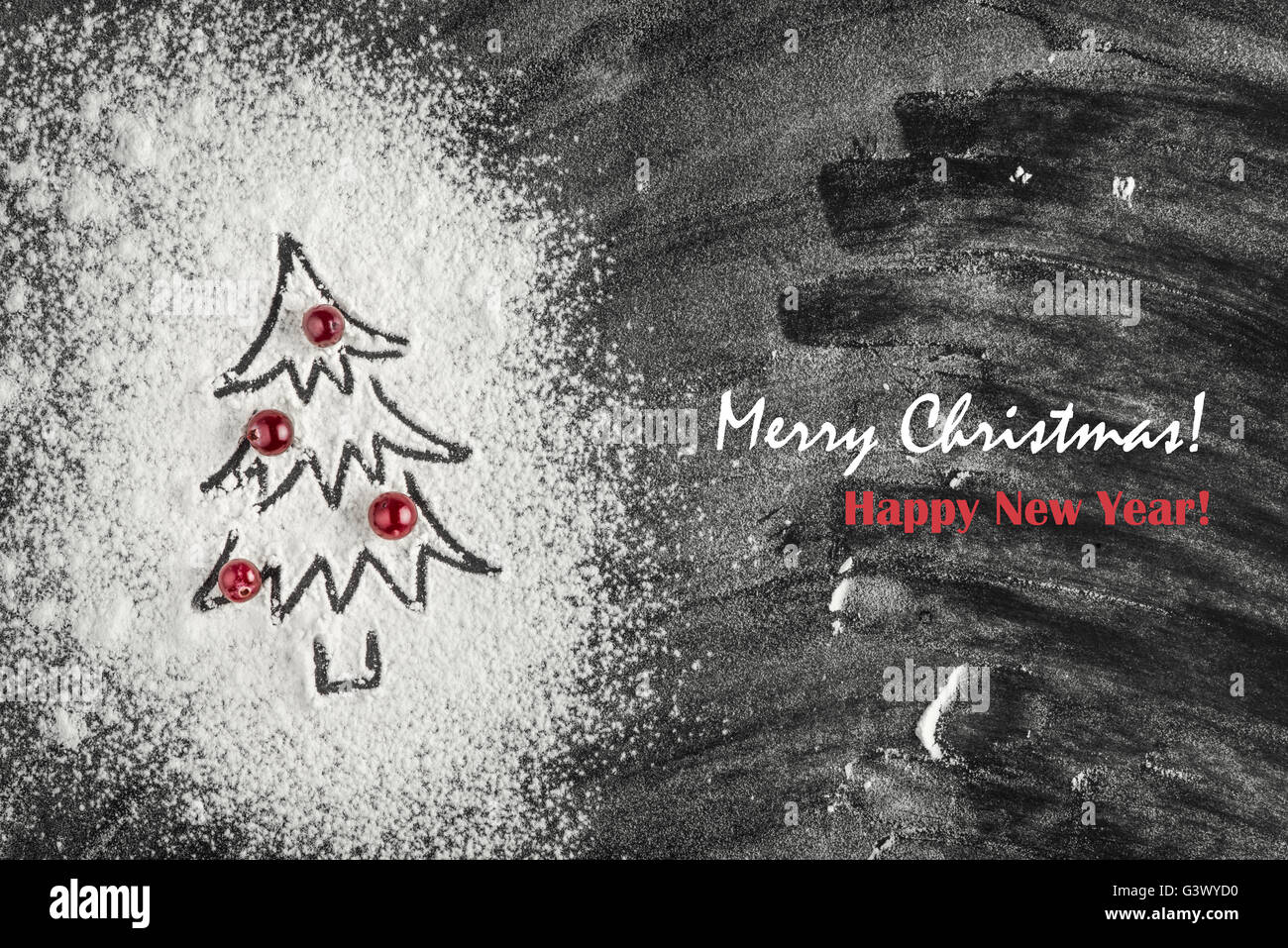Christmas tree decorated with cranberries and snow from flour on the ...