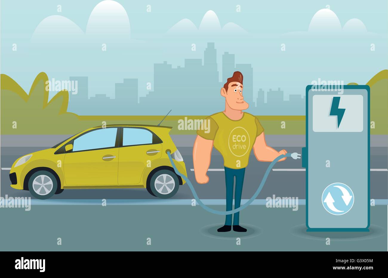 Man charging his electric car at the station Stock Vector Image & Art ...