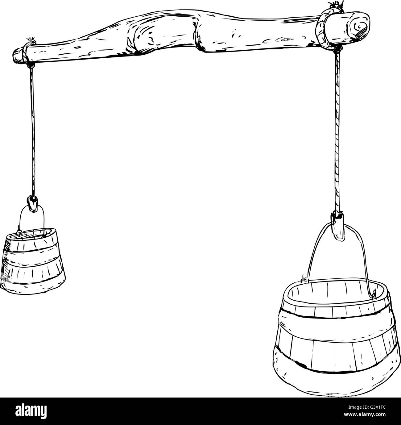 Outlined cartoon sketch of 18th century carved wooden yoke with rope ...