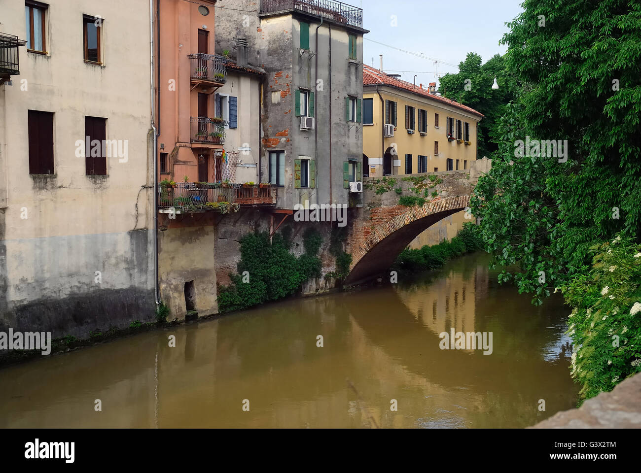 Padua, Italy. The old town, the canal and ponte San Leonardo bridge ...