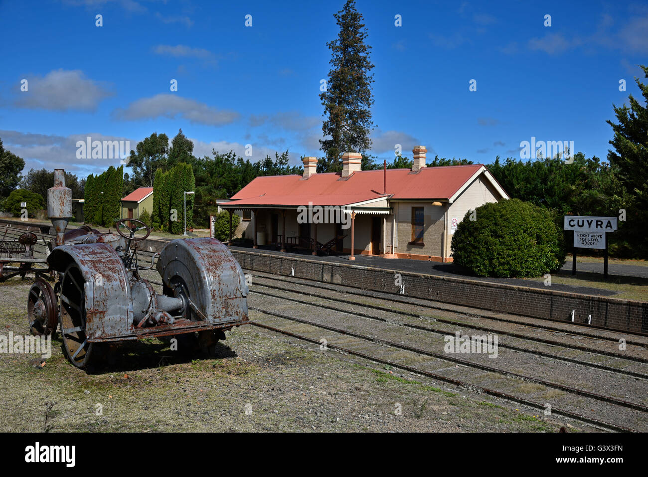 Guyra Railway Station with old farm machinery museum Stock Photo - Alamy