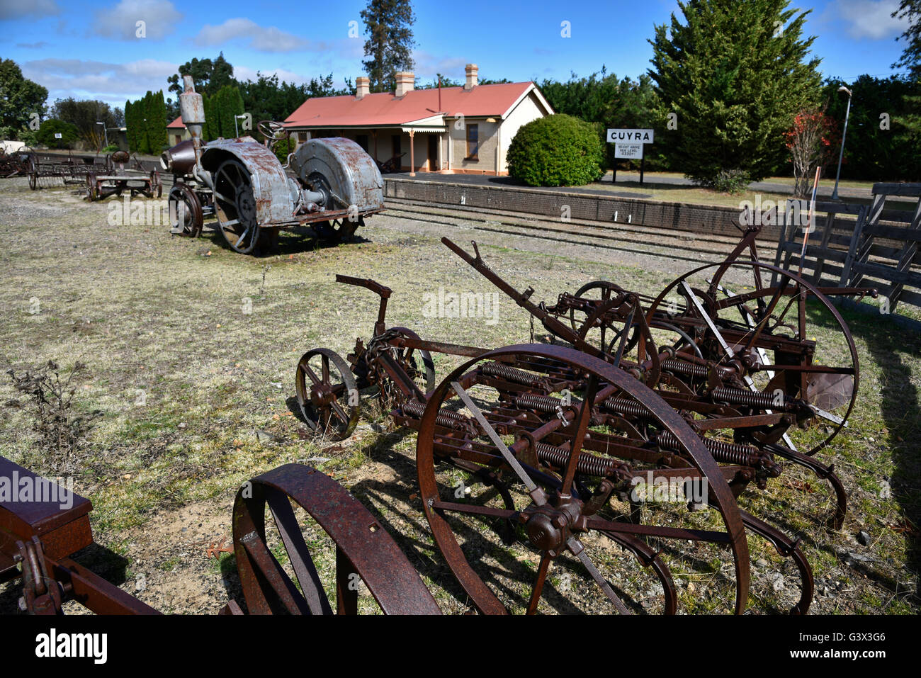 Guyra Railway Station with old farm machinery museum Stock Photo - Alamy