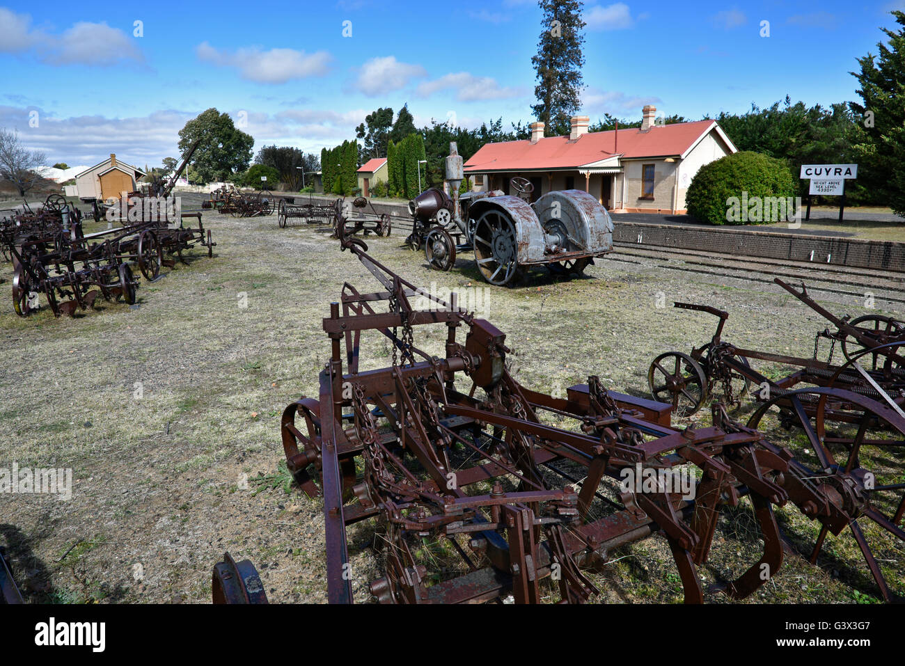 Guyra Railway Station with old farm machinery museum Stock Photo - Alamy