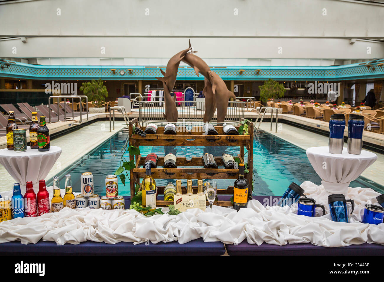 Wine and beer display on the pool deck of the cruise ship Zaandam Stock ...