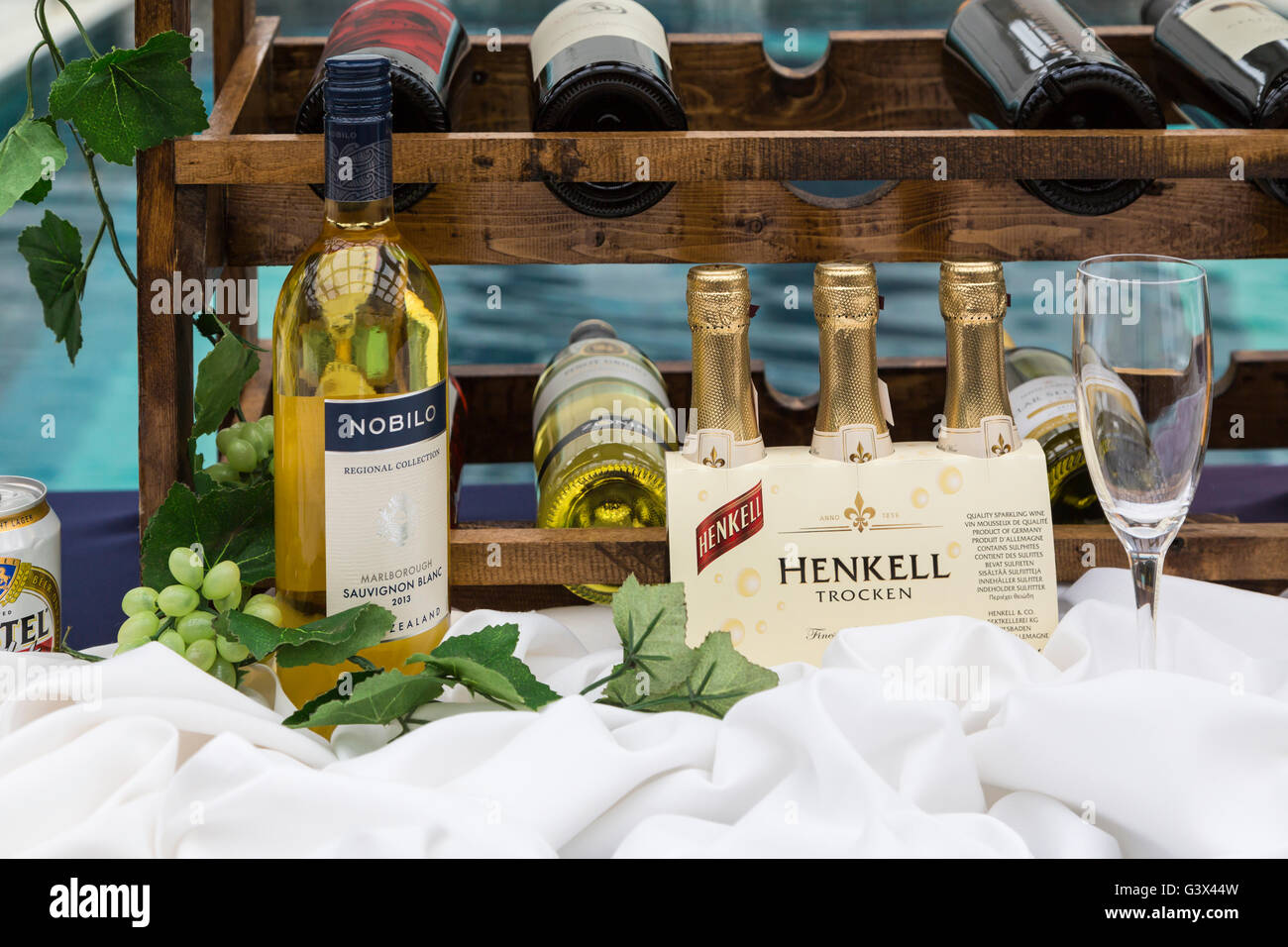 Wine bottle display on the pool deck of the cruise ship Zaandam Stock ...