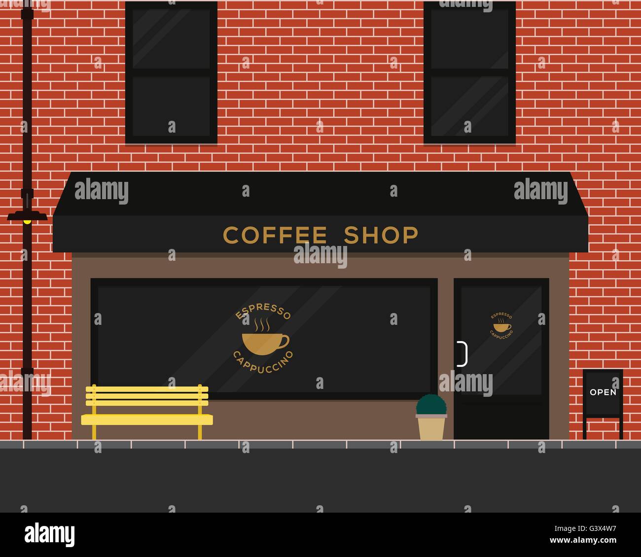 Interior coffee shop brick texture flat design vector illustration ...